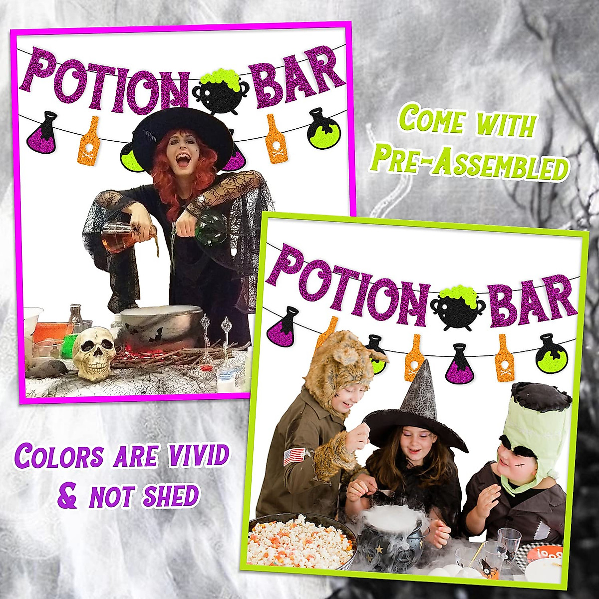 Levvcirki Potion Bar Banner Halloween Poison Bat Horrible Witches Haunted House Theme for Men Women Halloween Festival Holiday Party Purple Glitter Decorations