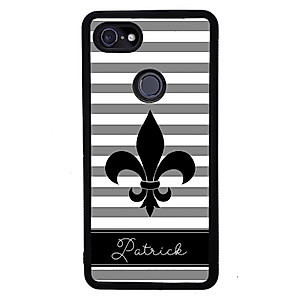 Fleur De Lis Black White Personalized Black Rubber Phone Case Compatible With Google Pixel 8 Pro, 8a, 8, 7a, 7, Pixel 7 Pro, 6a, Pixel 6 Pro, 6, 5, 4a 5G, 4a 4G, 4, 4 XL, 3a, 3a XL, 3, 3 XL, 2 XL