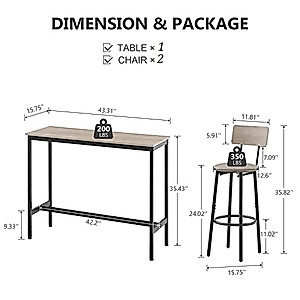Sweiko Industrial Bar Table and Chair Set for 2 Counter Height Table and Stools with Backrest Rectangular Dining Table Set of 3 with PU Seat Chairs for Breakfast Nook Restaurant Apartment Grey