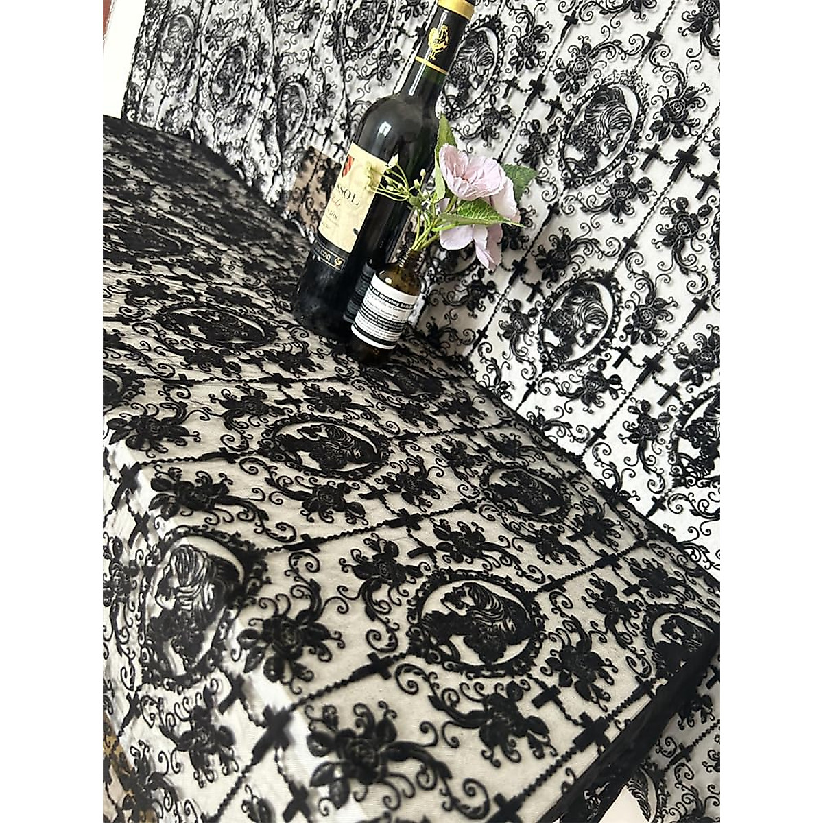 55 Inch Lace Fabric Soft Black Skull Lace Fabric Cross Tulle Fabric Floral Lace Fabric for DIY Dress Top Dress Sew,Party Overlay,Curtains,Tablecloth,Halloween Decor (Black (2 Yard))