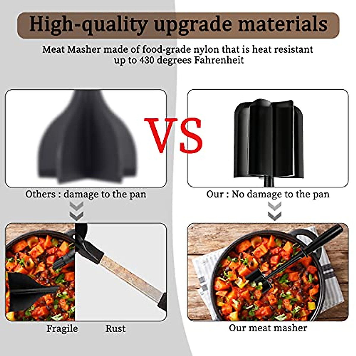 Meat Chopper, Hamburger Chopper Utensil, Professional Heat Resistant Nylon, Masher & Smasher Meat, Potato Masher Ground Beef & Turkey -Non Stick Mix Chopper for Kitchen Tool