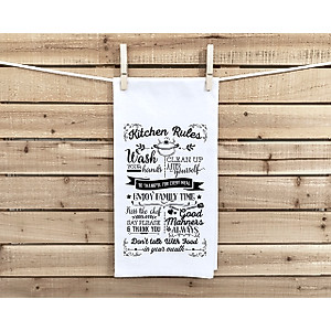 Kitchen Rules Flour Sack Kitchen Towel with Hanging Loop - Funny Cute Swert Family Dish Cloth Birthday Christmas Mother's Day Gift