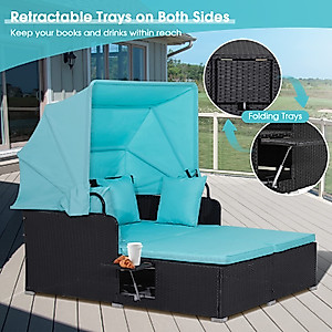 RELAX4LIFE Patio Outdoor Daybed with Canopy, Wicker Sunbed w/Cushions, 4 Pillows & 2 Retractable Side Trays, 2-Person Lounge Bed Conversation for Poolside Porch Garden, Rattan Outdoor Bed (Turquoise)