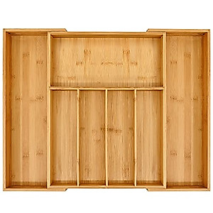 VaeFae Bamboo Drawer Organizer, Expandable Silverware Drawer Organizer and Cutlery Tray, Wooden Drawer Dividers Organizer for Kitchen Utensils and Flatware (5-7 Slots)