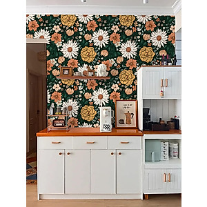 HAOKHOME Floral Peel and Stick Wallpaper Boho Wall Paper Vintage Removable for Bedroom Contact Paper Green/Terracotta 17.7in x 9.8ft