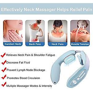 YUJECT Neck Massager Device, Acupoints Lymphatic Drainage Machine, 12 Modes for Pain Relief, Portable Women Men Gift - Blue
