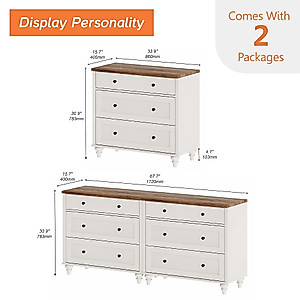 WAMPAT Dresser for Bedroom with 6 Drawers, White Kids Dressers with Wide Chest of Drawers, Mid Century Modern Wooden Closet Storage Organizer, Large Wood Dressers for Living Room, Nursery, Hallway