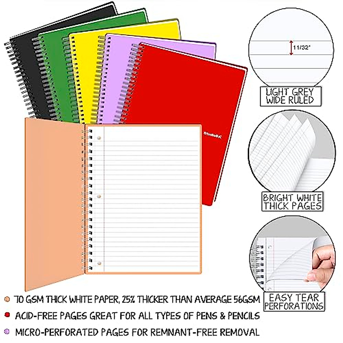 STUDIO O. A. Spiral Notebooks, 6 Pack, 1-Subject, Wide Ruled Paper, 8.5 x 11, 70 Sheets of 70g/㎡ Paper, Durable PP Cover, For School, Office, Business, Professional