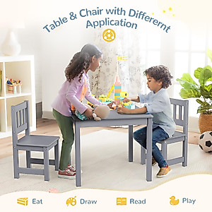 Curipeer Toddler Table and Chair Set, Kids Table and Chairs, Kids Table with Rubber Wood Legs for Children, Toddler Table and 2 Chairs for Kid's Room, Bedroom, Playroom (Gray)