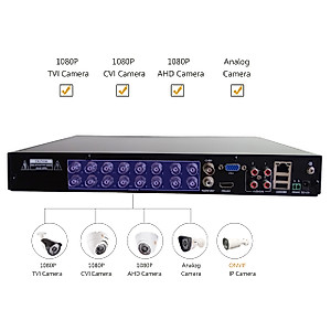 TIGERSECU Super HD 1080P 16-Channel Hybrid 5-in-1 DVR Security Recorder with 2TB Hard Drive, for Up to 5MP(12.5fps) TVI/AHD/CVI/Analog and IP Cameras (Cameras Not Included) (Renewed)