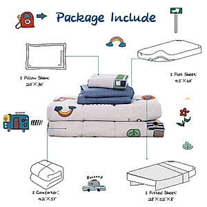 WONGS BEDDING Cars Toddler Bedding Set, 4 Pieces Cotton Toddler Comforter Set for Boys Girls, Cars Bus Reversible Navy Blue Comforter(1 Comforter,1 Flat Sheet,1 Fitted Sheet,1 Pillow Case)