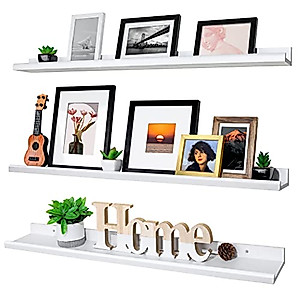 Annecy Floating Shelves Wall Mounted Set of 3, 36 Inch White Rustic Wood Shelves for Wall, Wall Storage Shelves with Guardrail Design for Bedroom, Bathroom, Kitchen, Office, 3 Different Sizes