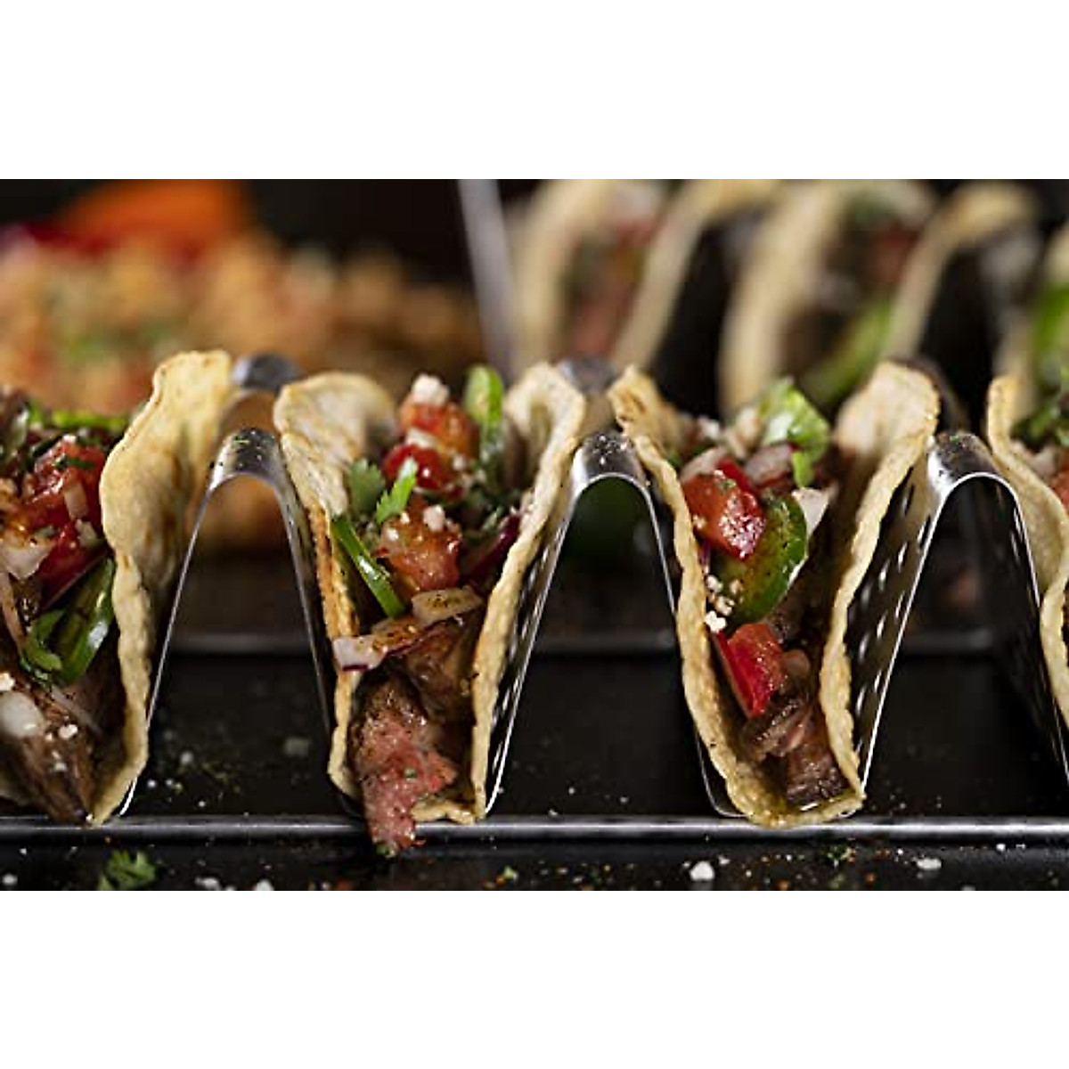 BLACKSTONE 5551 Deluxe Holder Stand Pack of 2 Stainless Steel Racks with Heat Resistant Handles-One Tray Holds 6 Tacos-Dishwasher Safe, Black/Silver
