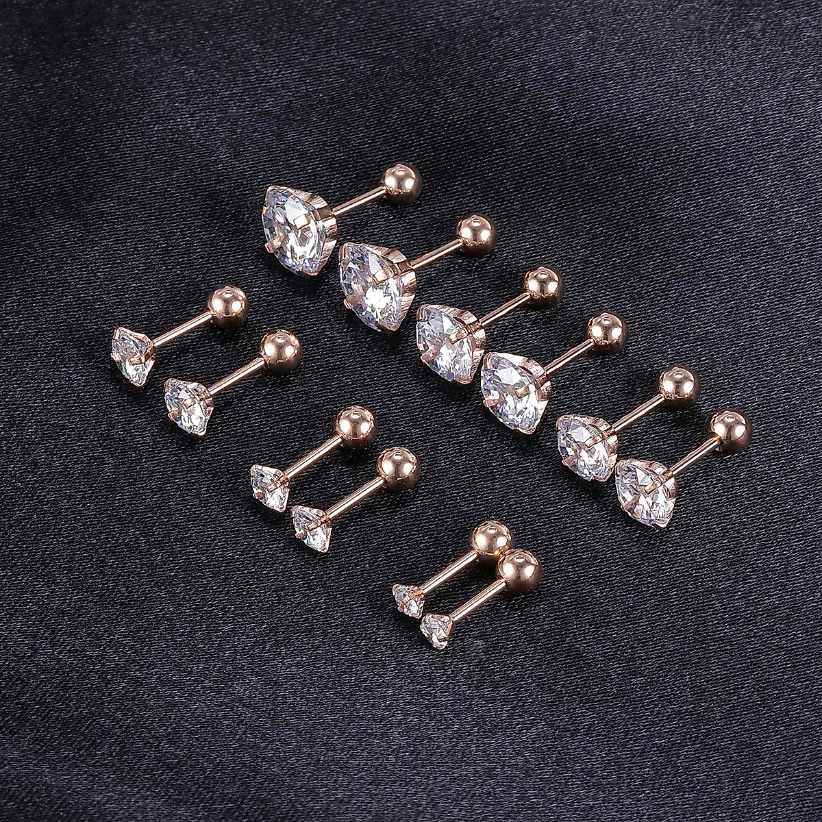 ZS 6 Pairs Shiny Round Cubic Zirconia Surgical Steel Stud Earrings Tragus Helix Conch Piercing Cartilage Sets (6 Pairs.3-8mm Cubic（Rose-gold,Ball Back）)