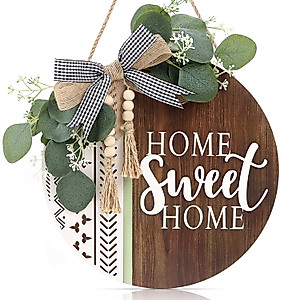 3D Welcome Front Door Wreath Porch Decor, Wooden Home Sweet Home Boho Outdoor Sign Hanging, Farmhouse Aztec Wall Sign Hanger with Artificial Leaves&Rustic Beads
