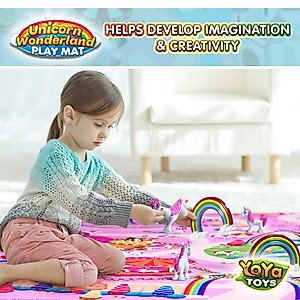 YoYa Toys Unicorn Playmat - Pretend Play Set for Kids - 8 PCS Unicorns and Rainbows Figures - Educational Imaginative Activity Rug Toy - Floor Mat Playset Gift for Girls 3 4 5 6 7 8 Year Old Toddlers