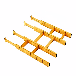 SAUStrongBe Adjustable Bamboo drawer dividers with 4 dividers，6 inserts, Spring Loaded adjustable drawer organizer, Expandable Organization for Home, Office, Dressers and Bathroom (17- 22 in)