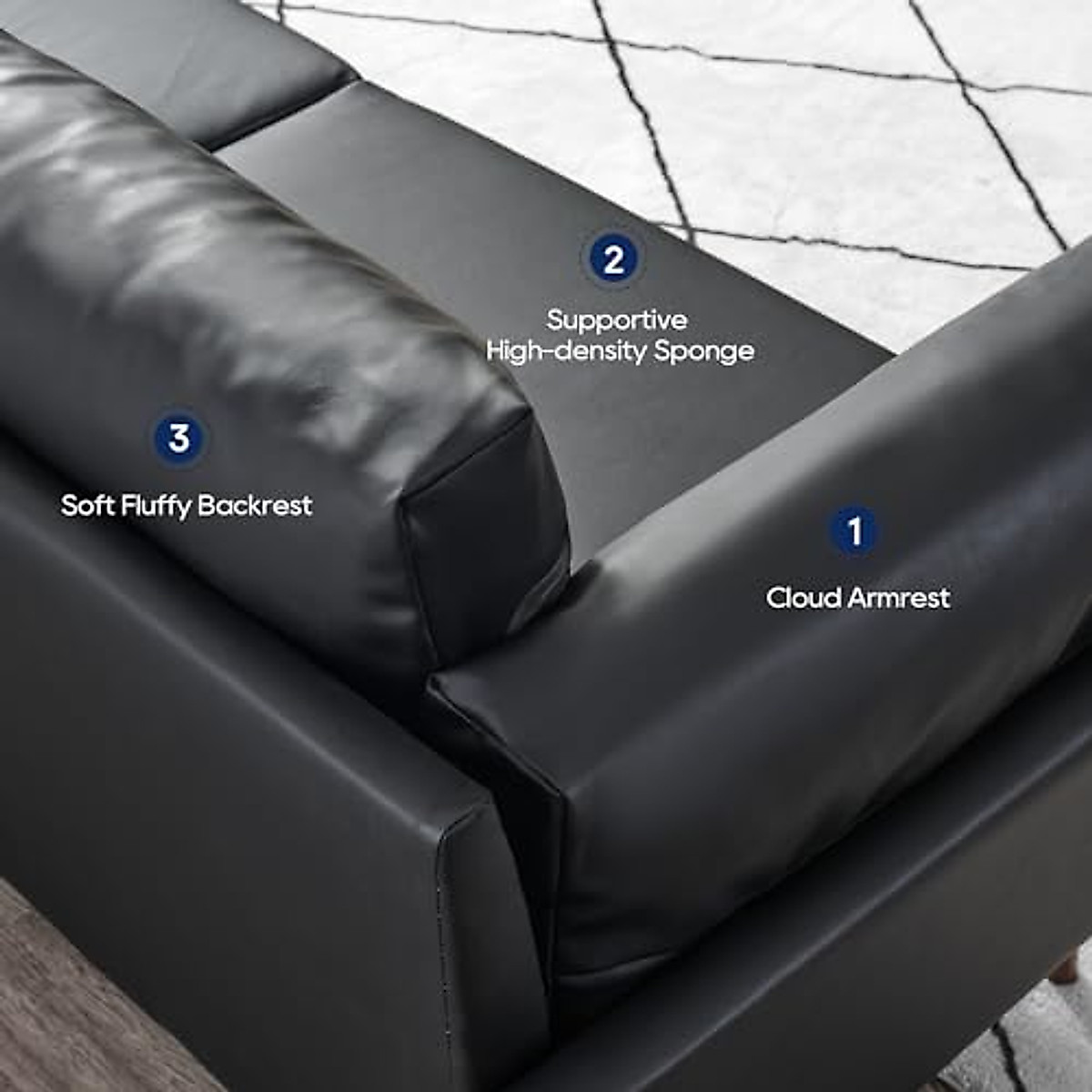 Vonanda Black Upholstered Sofa, Faux Leather Sofa Couch, 72 Inch Black Couch for Living Room, Mid Century Modern Sofa, Office couch for small space, Apartment sofa, Condo, Loft, Bungalow, House, Black