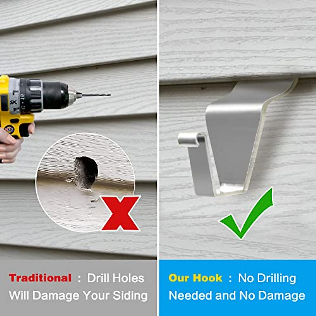 Hulzkon Vinyl Siding Hooks (60 Pack), Heavy Duty No-Hole Hangers Low Profile Design for Vinly Siding Decor, Wreaths, Tools, Lights, Outdoor Stainless Steel Vinyl Siding Clips