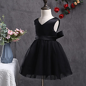 TENTIDE Baby Girl Black Dress Wedding Sleeveless V Neck A-line Bridesmaid Party Dresses Princess Tulle Ball Gown (Black,6-12 Month)