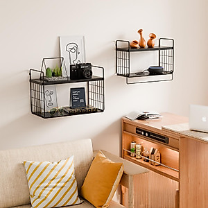 ENPKLUTE Bathroom Shelves Over Toilet Set of 2, Floating Bathroom Shelves Wall Mounted, Bathroom Shelf with Towel Bar & Toilet Paper Basket, Rustic Wall Shelves for Bathroom, Bedroom, Kitchen, Black