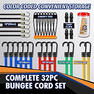 Cartman 32 Piece Bungee Cords Assortment Jar Includes 10" 18" 24" 32" 40" Bungee Cord with Hooks, 8" Canopy Tarp Ball Ties and Tarp Clips