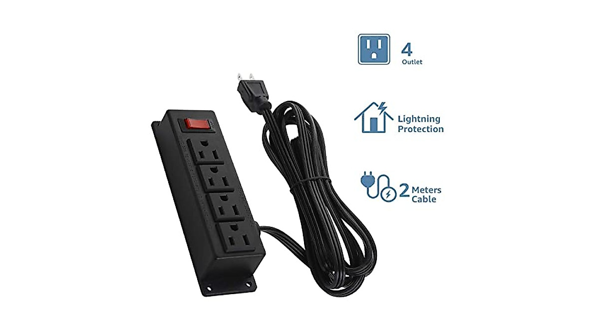 Wall Mount Power Outlet Strip - 4 Outlets with 6ft Cord & Switch