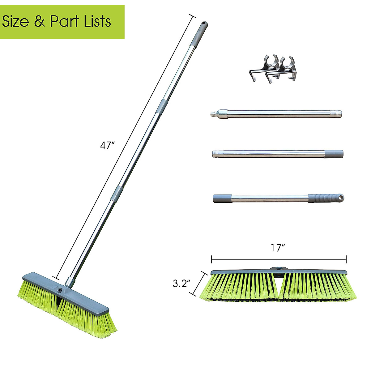 PHYEX 18” Push Broom with Adjustable Long Handle, Multi-Surface Floor Scrub Brush for Cleaning Deck, Patio, Garage, Driveway