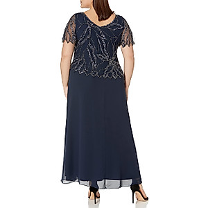 J Kara Women's Plus Size Beaded Short Sleeve Long Gown, Navy/Mercury, 18W