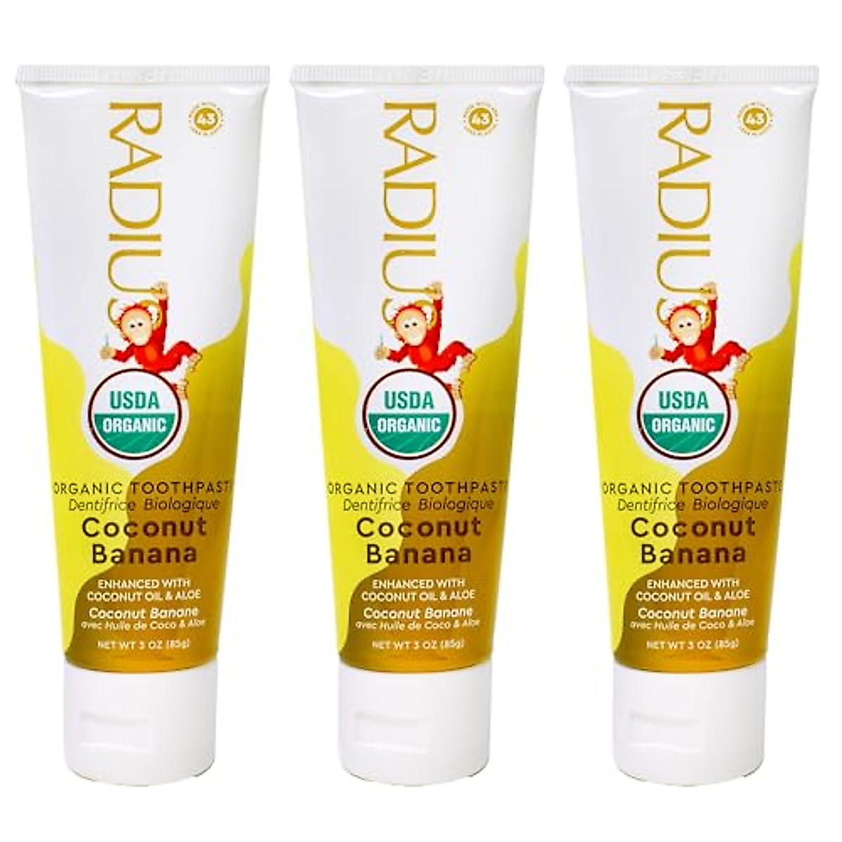 RADIUS USDA Organic Kids Toothpaste 3oz Non Toxic Chemical-Free Gluten-Free Designed to Improve Gum Health for Children's 6 Months and Up - Coconut Banana - Pack of 3