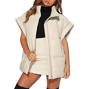 Dokotoo Womens Oversized Apricot Puffer Vest Warm Stand Collar Casual Zip Padded Vest Sleeveless Outerwear Jacket Winter Coats for Women Quilted Vest with Pockets X-Large