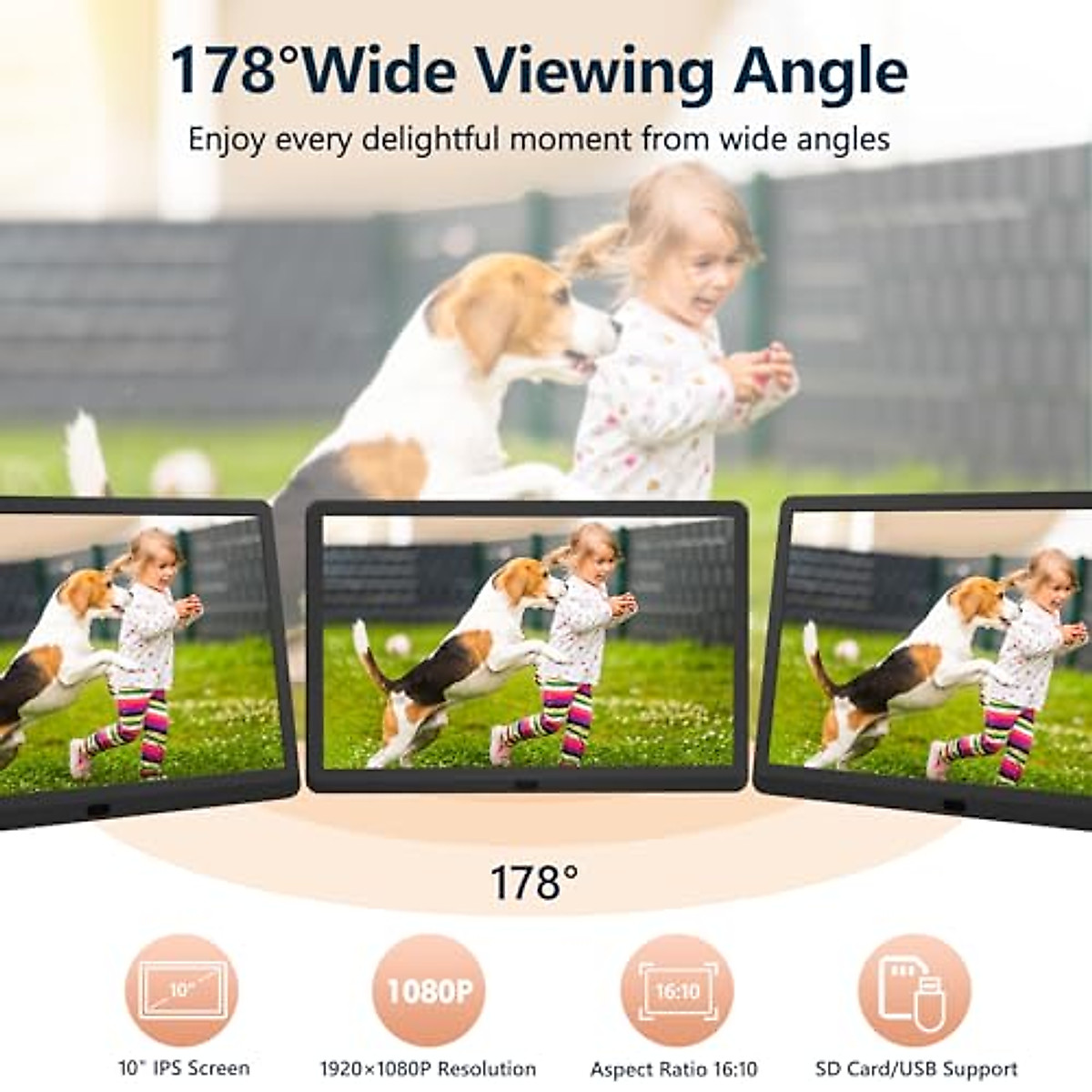 Digital Picture Frame, 10 Inch Digital Photo Frame with Remote Control, 1920x1080 HD IPS Screen, Slideshow, Video, Music, Photo Deletion, Non-WiFi SD Card, Easy to Use for Seniors