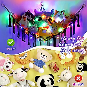 2 Set Stuffed Animal Net or Hammock with LED Light, Stuffed Animal Storage Stuffed Animal Hammock Corner Toy Hammock Macrame Stuffed Animal Organizer for Bedroom Nursery Kindergarten Decor (Black)