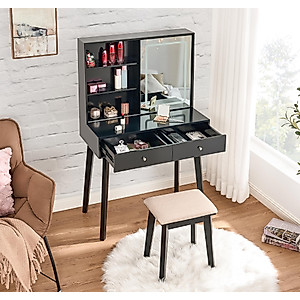 BEWISHOME Vanity Desk with Mirror and Lights, Makeup Vanity with Lights, Black Vanity Set, Makeup Desk with 3 Color Lighting, Vanity Table with Cabinet & 2 Drawers, Dressing Table Makeup Table FST15H