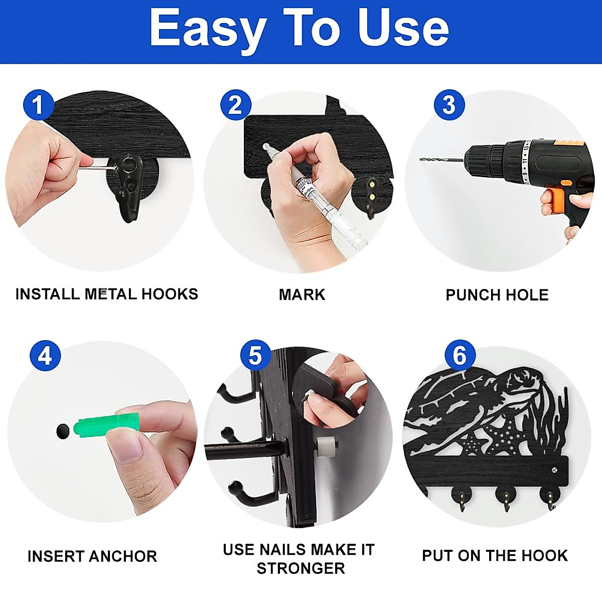 INFUNLY Ocean Theme Key Holder with 5 Key Hooks Black Wall Mounted Key Hangers Turtle Key Hangers Wood Key Rack for Home Decor Hallway, Entryway, Bedroom, Mudroom, Office 11.8inchx7.6inch