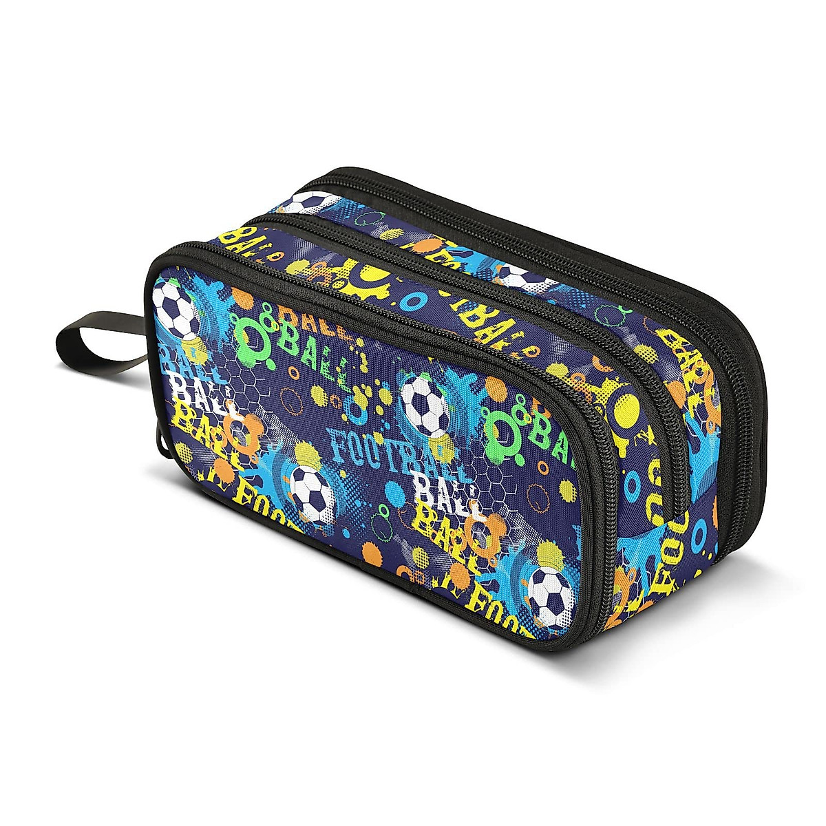 Sletend Printed Pen Case Soccer Sport Zipper Pouch Pen Bag 3 Compartment Pencil Case