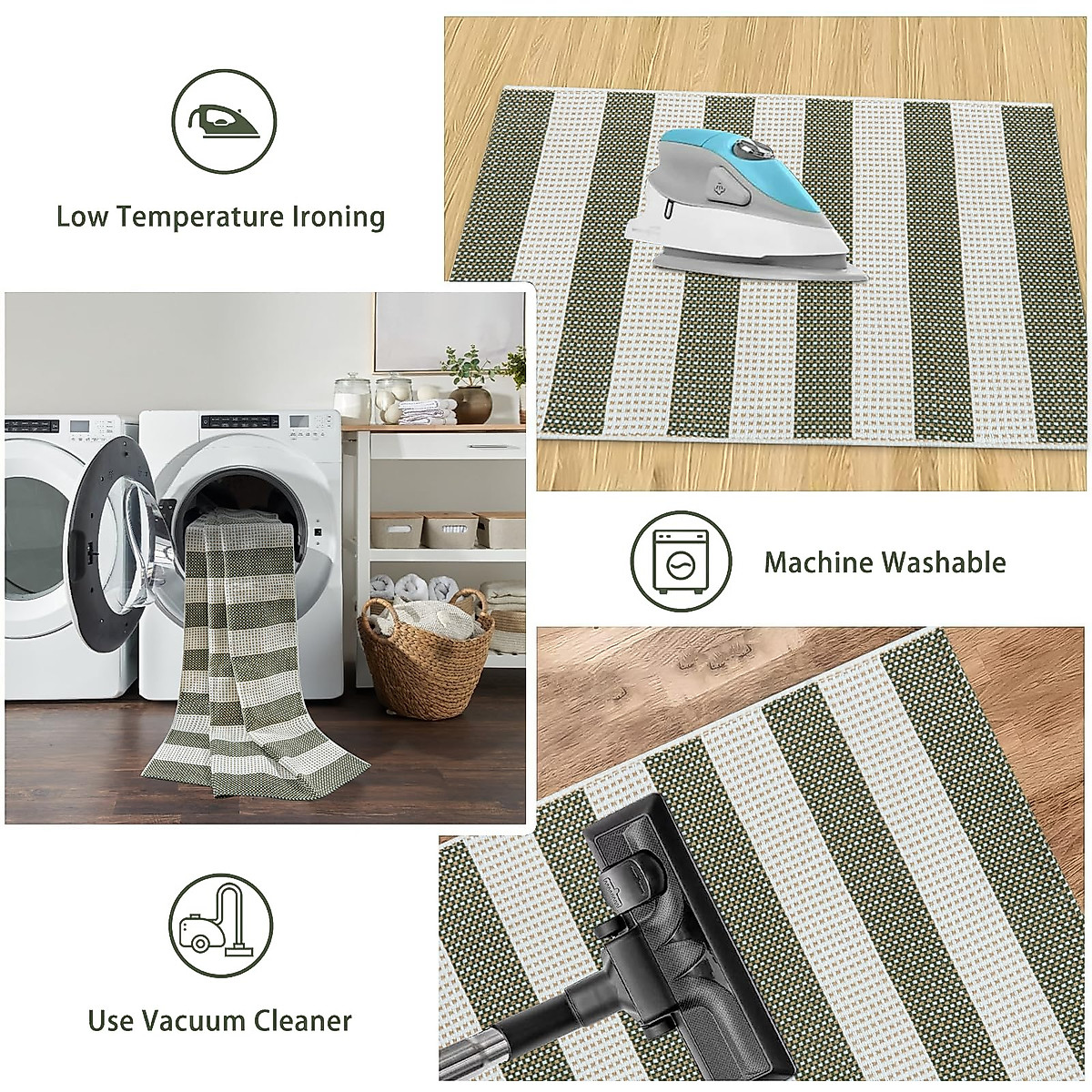 Sungea Boho Striped Front Door Mat Outside Entrance 2x4.3,Green and White Washable Porch Rug Runner,Cotton Hand Woven Indoor Outdoor Rugs,Foldable Farmhouse Layered Door Mats for Entryway