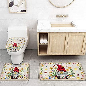 BULING 4Pcs Shower Curtain Set with Rugs,Farmhouse Ladybug Gnome with Daisy Sunflower Spring Summer Pattern Shower Curtain with 12 Hooks, Bath Mat, Toilet Lid Rug and Non-Slip U Shape Mat Accessories