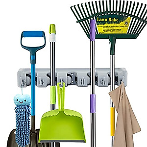ForHauz Broom Holder with 5 Holding Positions & 6 Hooks, Easy Wall Mount Storage for Organizing Garage or Closet