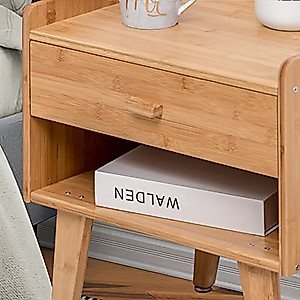 Nightstand Mid-Century Modern Bedside Table with Drawer, Small Nightstand with Adjustable Foot Pad for Bedroom, Recyclable Bamboo (Natural Bamboo)