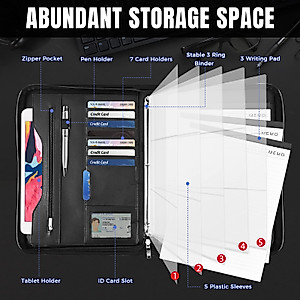 Sbrinnaliao 3-Ring Padfolio Portfolio Binder Organizer,PU Leather Folder Binder Business Planner Notebook Zippered Portfolio for Women/Men with Document Sleeve,Letter/A4 Size Clipboard