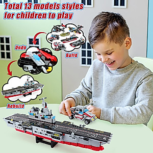 1161 Pieces Aircraft Carrier Building Blocks Set, 13 in 1 Military Battleship Model Building Toy Kit with Armored Tank, Fighter, Patrol Boat & Cannon Roleplay STEM Construction Toys Gift for Kids 6+