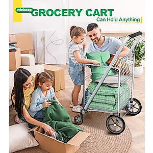 winkeep Newly Released Grocery Utility Flat Folding Shopping Cart with 360° Rolling Swivel Wheels Heavy Duty & Light Weight Extra Large Utility Cart