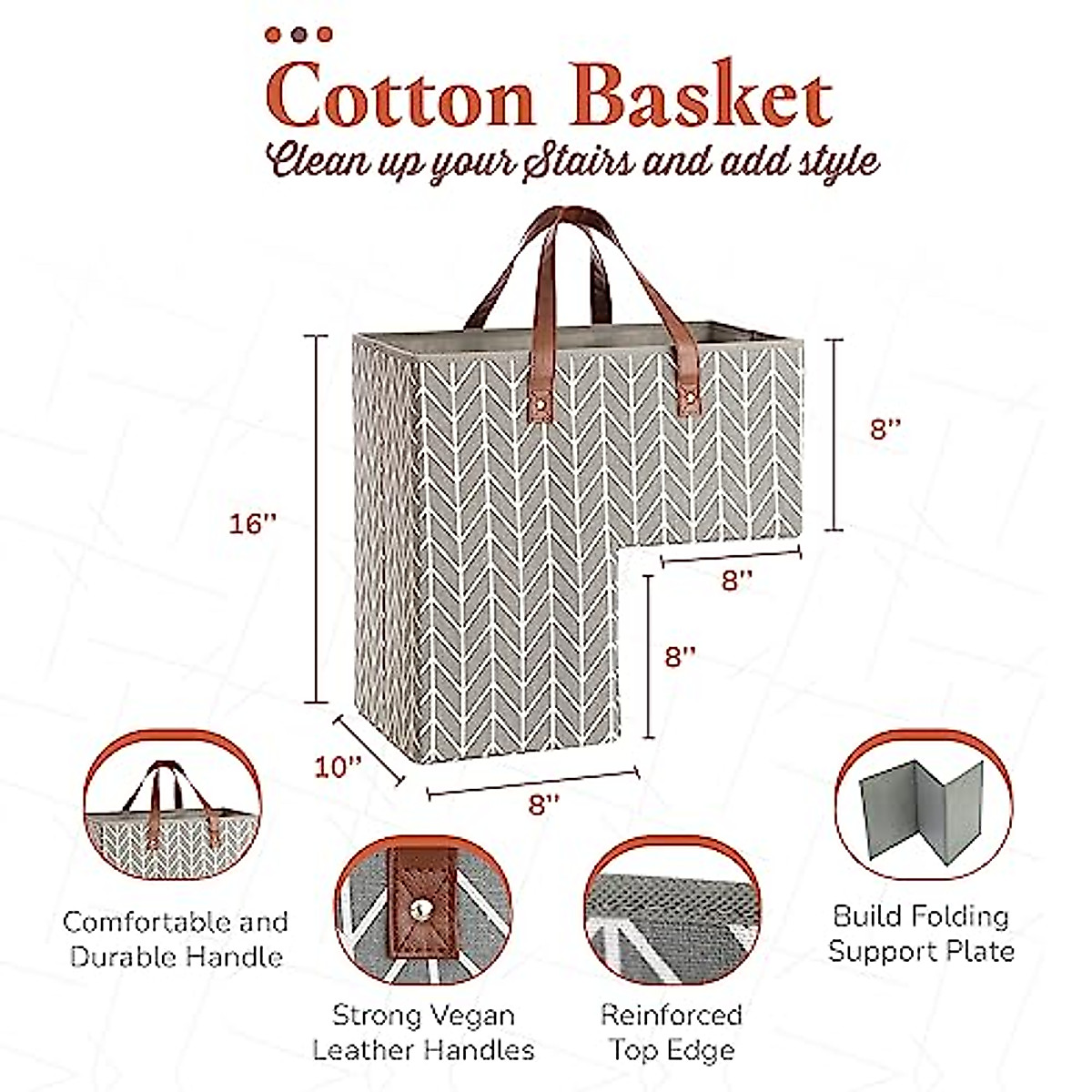 Stair Basket w/Chevron Pattern - Cotton Basket for Stairs w/Leather Handles - Staircase Basket & Storage Bins with Handles - Home Organizer - Convenient Stairs Basket Organizer - 16.1” x 10.2” x 15.7”
