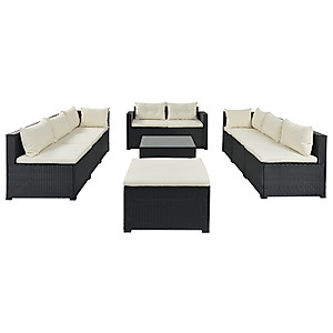 Modern Design 9 Piece Outdoor Large Wicker Sofa Set, Conversation Sectional Couch with Ottoman and Coffee Table, PE Wicker Rattan Furniture Set for Patio Balcony Backyard (Beige + Wicker-9-piece-1)