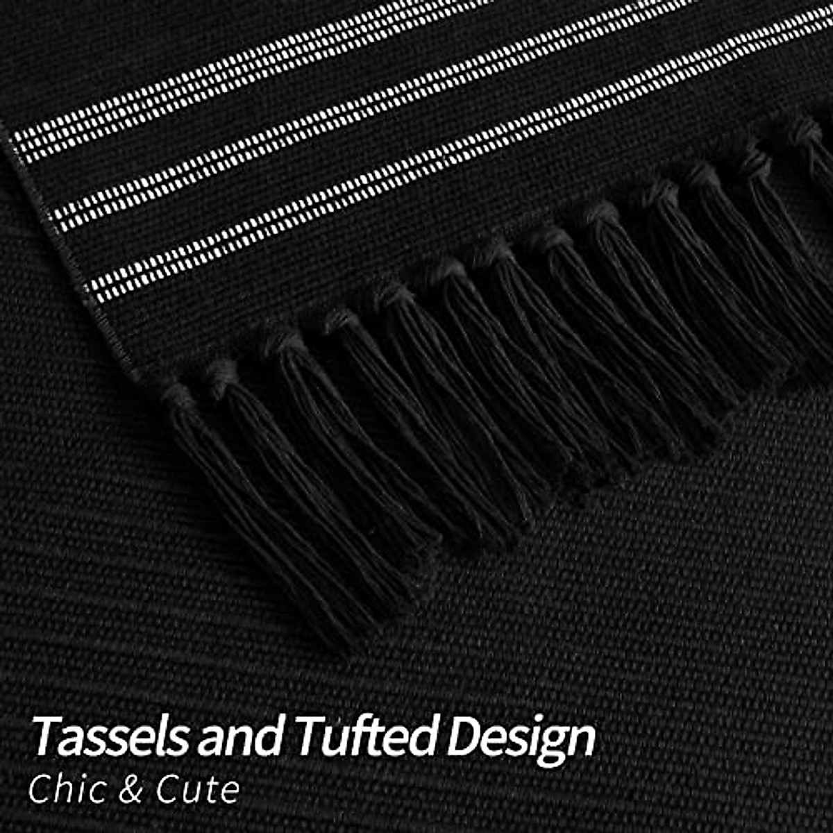 MitoVilla Black Boho Rug 2'x3', Black White Small Boho Bathroom Rug with Tassel, Farmhouse Geometric Bath Mat, Bohemian Runner Rug for Bedroom, Washable Cotton Woven Living Room Throw Rug