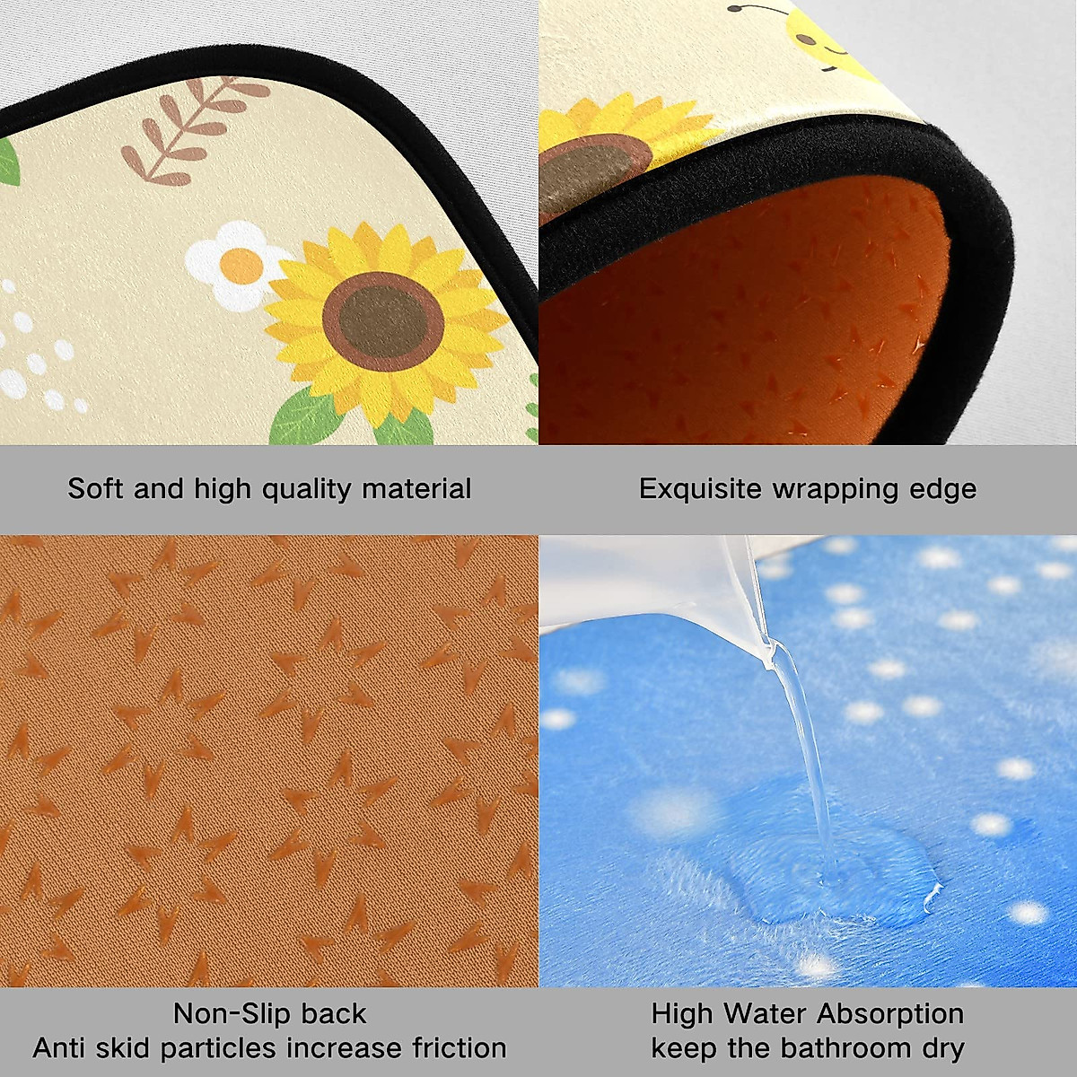 Spring Cute Bee Sunflower Kitchen Rugs Set of 2, Daisy Flral Floor Runner Area Rug Washable Carpet Mat Perfect for Living Room Bedroom Entryway