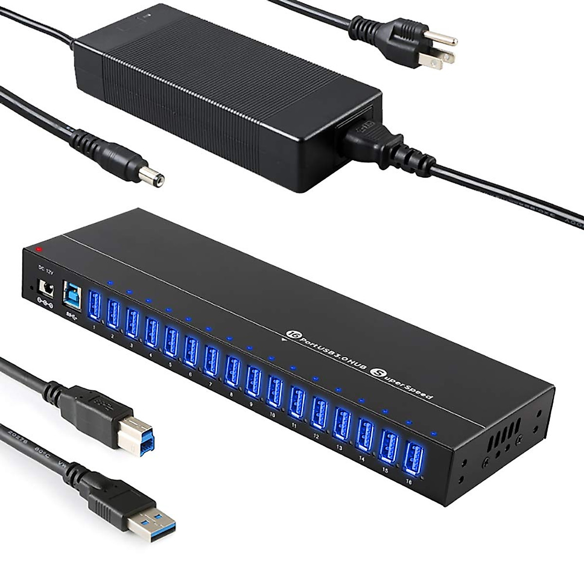 Powered USB Hub - UUSTK 16 Ports 120W USB 3.0 Data Hub - with Mounting Bracket and 12V/10A Power Adapter USB Hub 3.0 Splitter for Laptop, PC, Computer