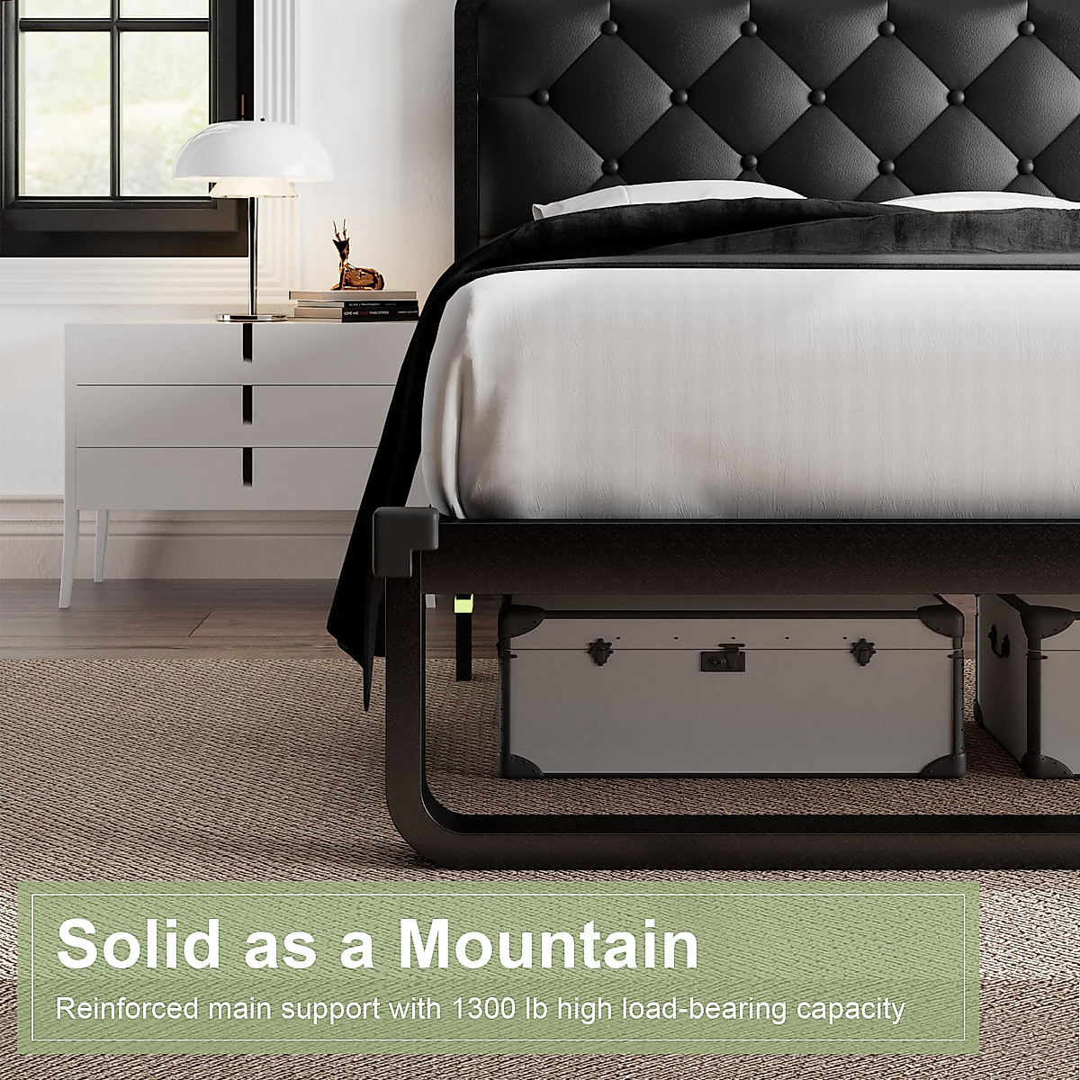 Feonase Twin Bed Frame, Upholstered Platform Bed Frame with Heavy-Duty Steel Slats, Diamond Tufted Headboard, 12" Storage Space, No Box Spring Needed, Noise Free, Easy Assembly, Black