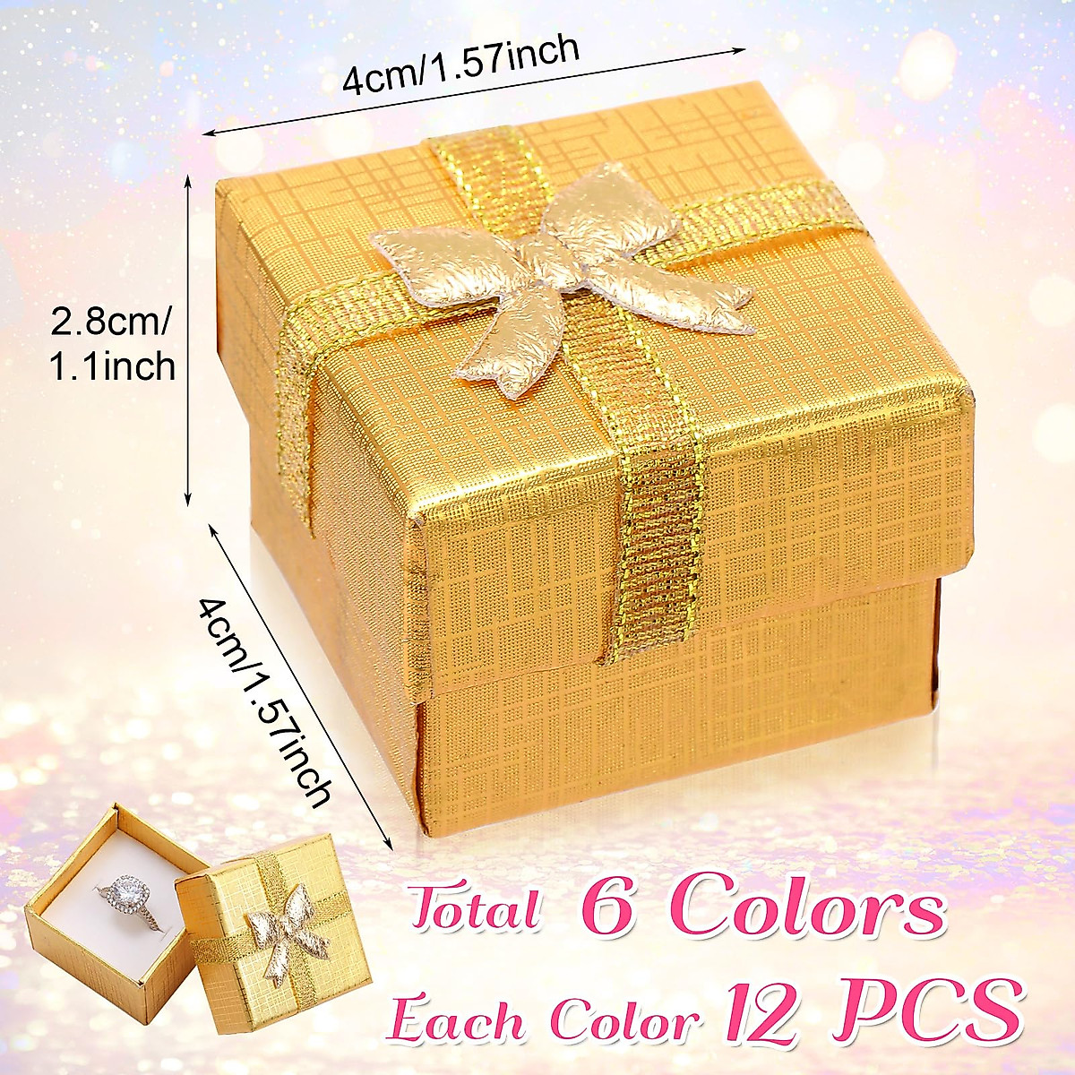 72 Pcs Ring Gift Box 1.6 x 1.6 x 1.1 Inches Hard Cardboard Jewelry Boxes with Ribbon Bow Small Ring Box Gift Cases for Earring Packaging Necklace Bangle Bracelets Weddings (Modern Color)
